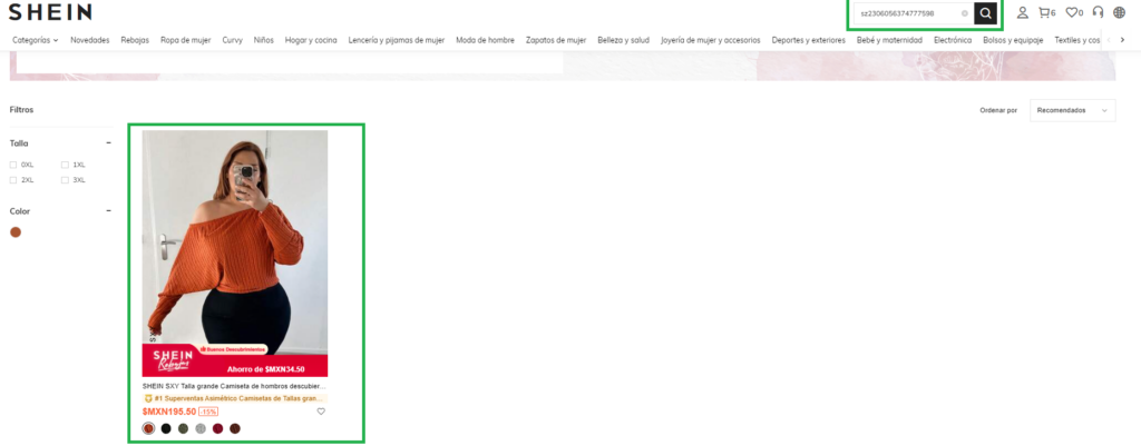Búsqueda por código en Shein